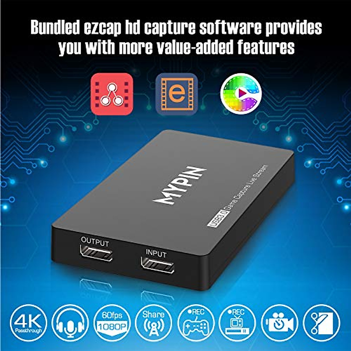 USB3.0 HDR 4K Capture Card for Live Streaming, Capture 1080P@60fps Support Microphone and Gamepad Party Chat for Nintendo Switch/ PS4 /Xbox One 360 /Wii U/Action Camera/DSLR Camcorder