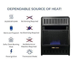 ProCom ML100TBAHR Ventless Propane Gas Blue Flame Space Heater with Thermostat Control for Living Room, Bedroom, Home Office, 10000 BTU, Heats Up to 300 Sq. Ft., Includes Wall Mount, Black