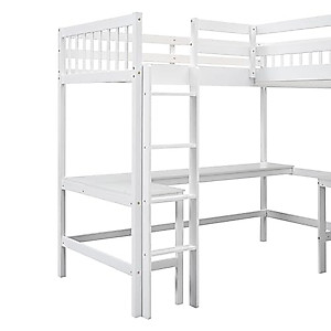 DRELOFT Twin Size L-Shaped Double Loft Beds with 2 Built-in Desks and Ladder, Wood Double High Loft Bed Frame with Safety Guardrails for Kids, Teens, Boys and Girls, 2 Beds in 1 Designed, White
