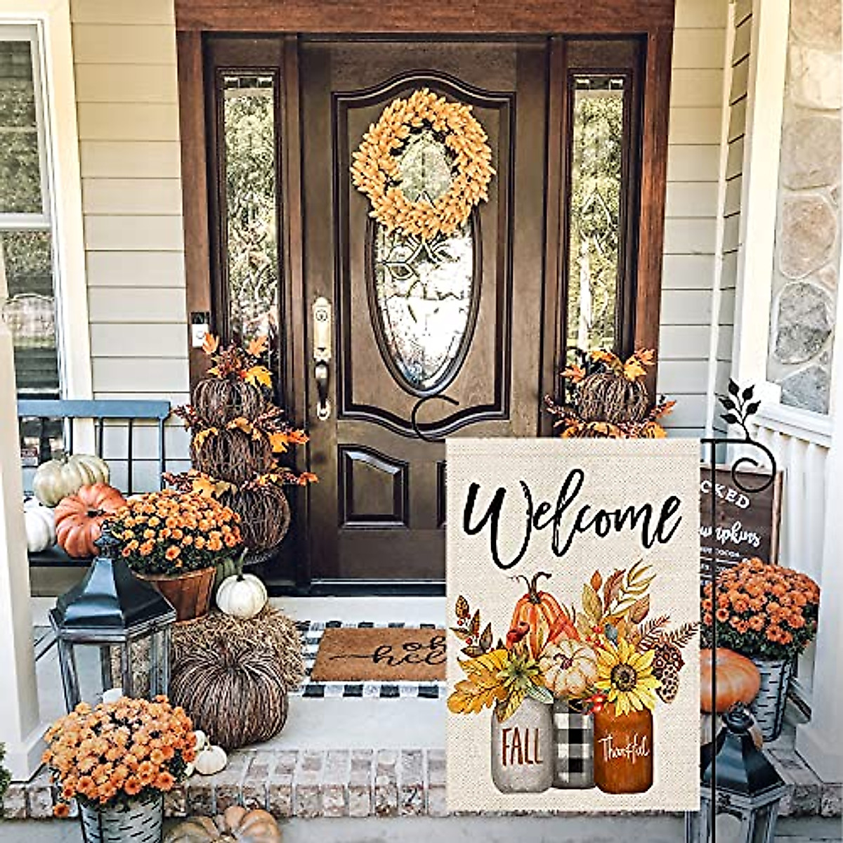CROWNED BEAUTY Fall Welcome Garden Flag Floral Thankful 12×18 Inch Double Sided Vertical Rustic Farmhouse Yard Seasonal Holiday Outdoor Decor CF234-12