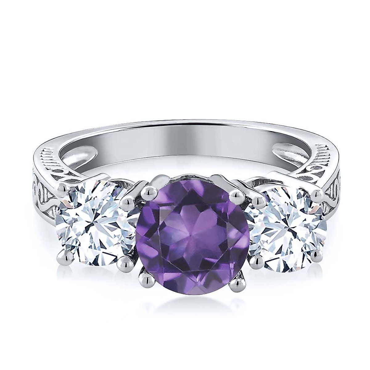 Gem Stone King 925 Sterling Silver Purple Amethyst and White Topaz 3 Stone Ring For Women (2.10 Cttw, Gemstone Birthstone, Available In Size 5, 6, 7, 8, 9)