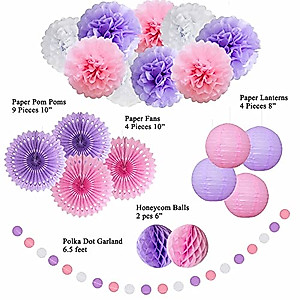 ANSOMO Pink and Purple Party Decorations Paper Fans Lanterns Pom Poms Hanging Wall Décor Bridal Baby Shower Birthday Wedding