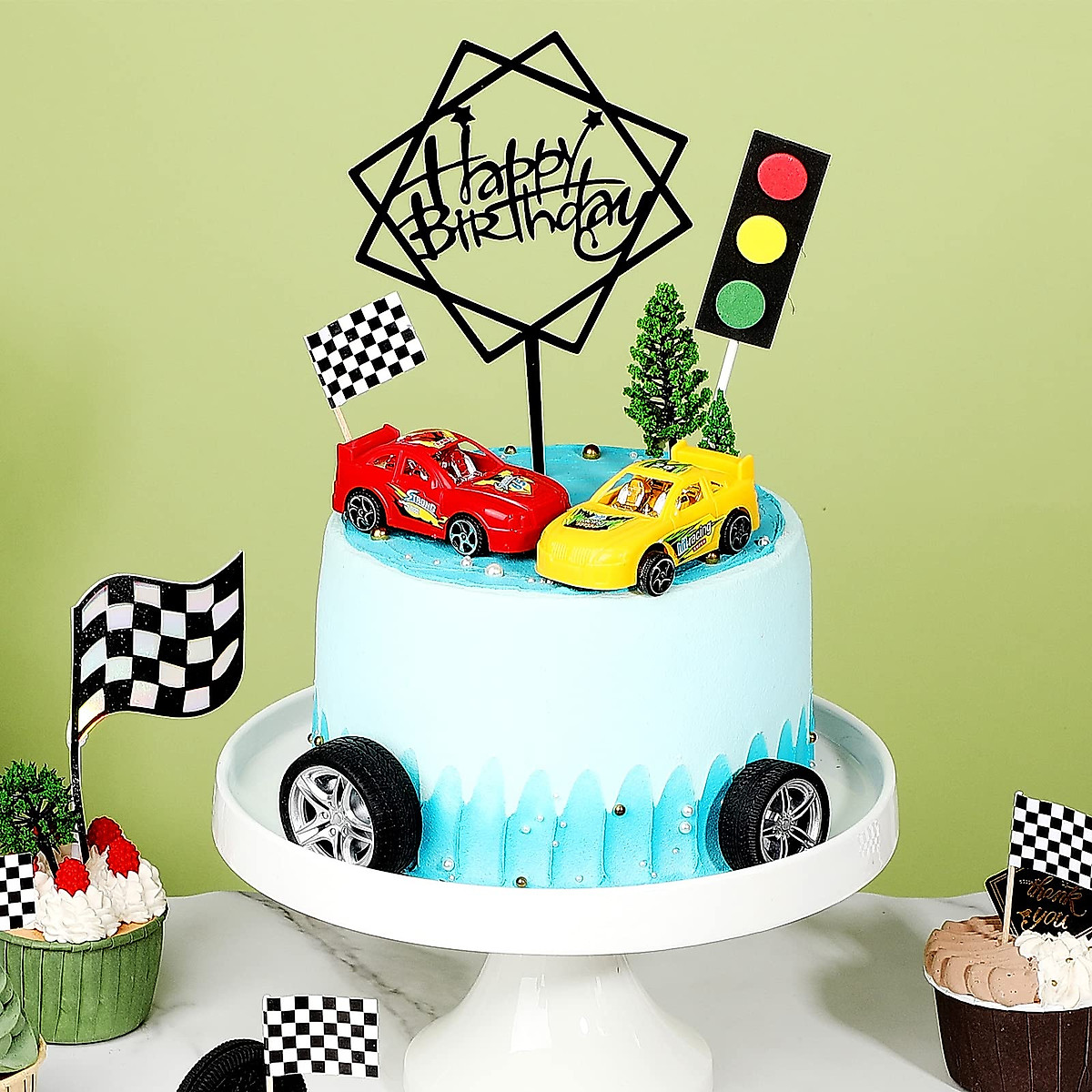 Yulejo 38 Pcs Racing Car Cake Decoration with Race Car Cake Topper Wheel Checkered Racing Flag Cupcake Topper Black Birthday Cake Topper Race Car Birthday Party Supplies Car Themed Party Favor for Kid
