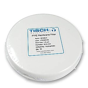 Tisch Brand SF16015 PTFE Polytetrafluoroethylene Membrane Filter, 1.0um, 82.6mm, 1/pk/50 per Pack | Wettability: Hydrophobic | Maximum Operating Temperature: 130 Degrees C |