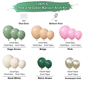 128Pcs Sage Green and Pink Balloon Arch Kit, Dusty Olive Green Blush Peach Beige Cream White Gold Latex Balloon Garland Kit for Girl Jungle Safari Baby Shower Woodland Birthday Party Decorations
