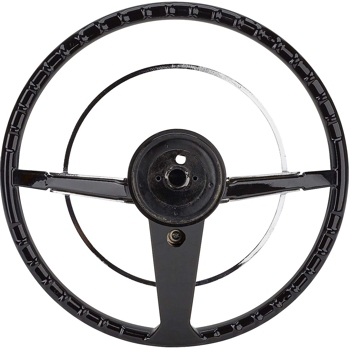Speedway Motors 15 Inch Steering Wheel and Adapter Plate, Fits 1955-56 Chevy, 3-Spoke Design with Black and Chrome Finish Replaces Original 18 Inch Steering Wheel