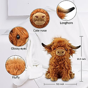 rivoeis 10.5 inches Highland Cow Stuffed Animals, Cute Fluffy Cow Plush Figure Toys Realistic Highland Cattle Plush Decor for Kids Baby Girls Boys Birthday Gifts