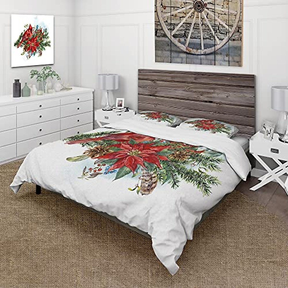 DESIGN ART Designart 'Christmas Poinsettia and Red Cardinal Bird' Traditional Duvet Cover Comforter Set King Cover + Comforter + 2 King Shams 4 Piece