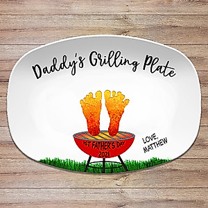Camcam Handprint Custom Grilling Plate Personalized Platter For Father's Day Daddy's Handprints Of Dad And Son Daughter Serving Trays Plates Fish Dish, Steak, 10'' x 14''