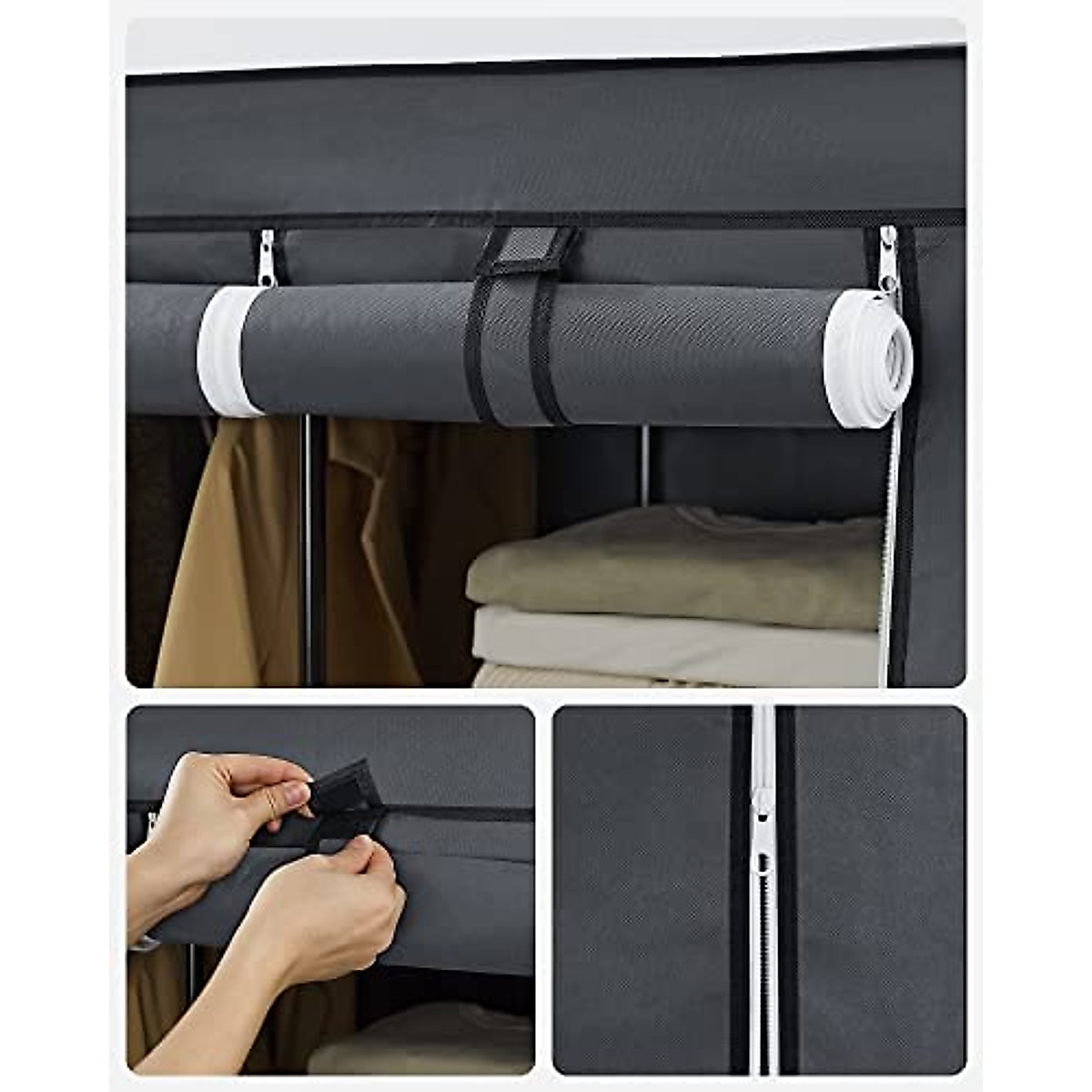 SONGMICS 51-Inch Portable Closet, Wardrobe Storage Organizer with 10 Shelves, Closet System with Hanging Rods and Cover, for Hanging Clothes, Quick and Easy Assembly, Grey URYG93G