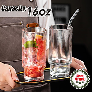 wookgreat Drinking Glasses, 16oz Origami Style Glass Cups with straw, 4 pcs Highball Glasses, Elegant Ripple Vintage Glassware, Ribbed Glasses, Iced Coffee Glasses Ideal for Cocktail Whiskey, Juice