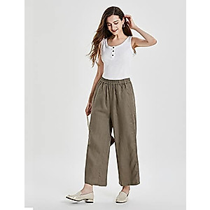 IXIMO Women's 100% Linen Pants Elastic Pleated Wide Leg Straight Fit Palazzo Pants Capri Style_ Dark Khaki XL