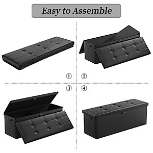 JHSafer 43 Inches Folding Storage Ottoman Bench, Fireproof Storage Chest Foot Rest Stool with Lock, Storage Bench with Handle for Bedroom, Leather Ottoman with Storage for Living Room Hallway, Black