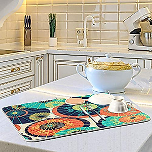 Japanese Theme Umbrella Dish Drying Mat 24"x18" Absorbent Machine Washable Hanging Fast Dry Pad Dish Protective Mat for Kitchen Countertop Heat Resistant Dinner Table Mat