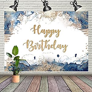 7x5ft Blue Gold Watercolor Happy Birthday Backdrop for Photography Abstract Navy Golden Dots Ink Sparkle Girl Boy Men Women Bday Party Decorations Photoshoot Background Photo Booth Studio Props