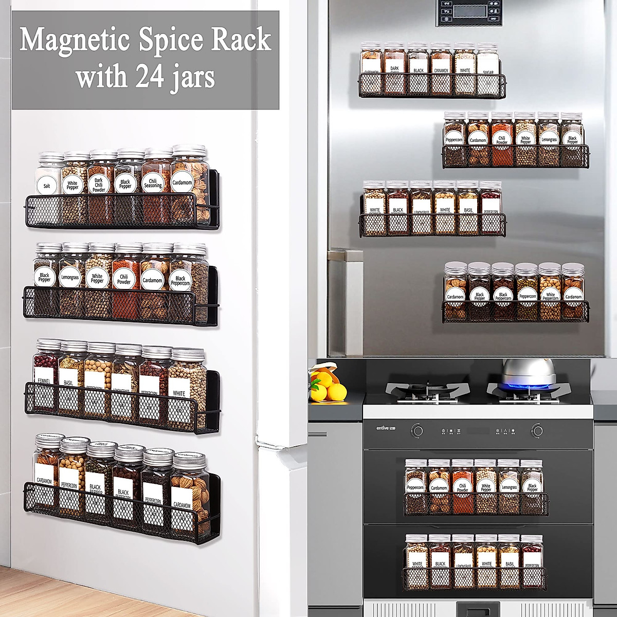 Churboro 4 Pack Magnetic Spice Rack Organizer with 24 Glass Spice Jars-Moveable Magnetic Shelf for Refrigerator- 4 oz Spice Containers with Labels, Medium, Metal Black