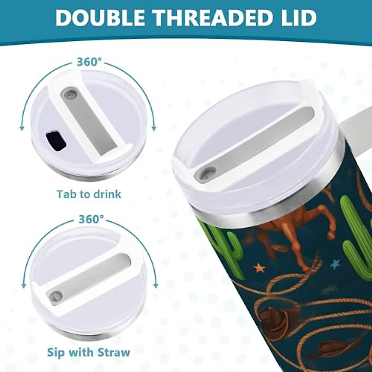 Jihqo Western Cowboy Hats Horses 40 oz Stainless Steel Vacuum Insulated Tumbler with Handle and Straw Lid, Leakproof Water Bottle Double Wall Travel Mug Coffee Cup, Cupholder Friendly