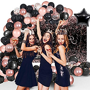 Toylin Rose Gold Black Birthday Decorations, 100 pcs Black Rose Gold Birthday Balloons Photography Backdrop Banner for Boys Girls Men Women Birthday Party Decorations Supplies