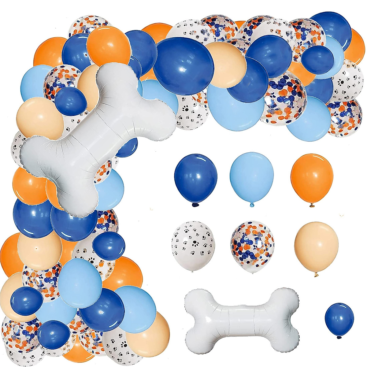 117Pack Theme Party Balloon Garland Kit, Blue and Orange Blush Dog Paw Balloon Arch with Bone Shaped Foil Balloons, Girl Boy Birthday Party Decorations