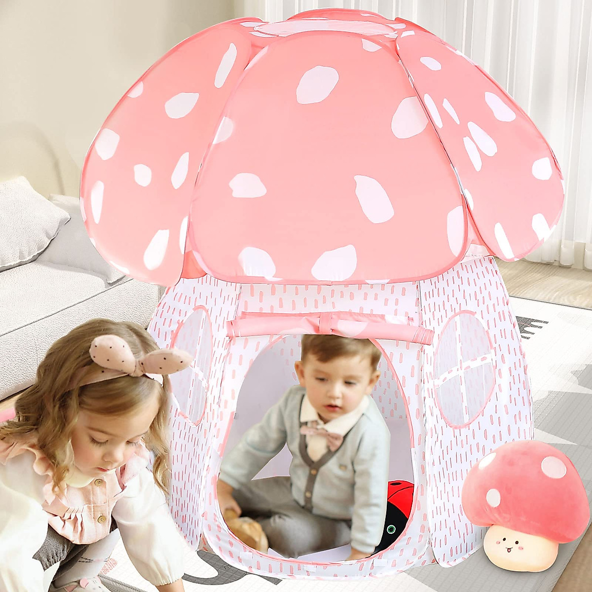 Play Tent for Kids Pop Up Tent Indoor Outdoor Boys and Girls Playhouse with Exquisite Design for Imaginative Mushroom Tent by CRAWLBO Patented(Pink/Large)