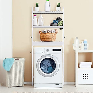 Purbambo Over The Toilet Storage, 3-Tier Bamboo Shelf Organizer Storage Rack with Toilet Paper Holder & 3 Hooks for Bathroom, Balcony, Porch, Laundry - White