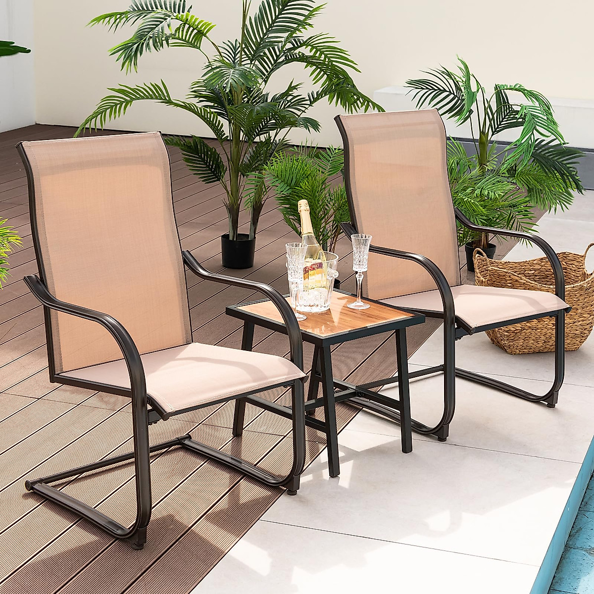 Tangkula 4 Pieces Patio Dining Chairs, Outdoor C Spring Motion Dining Chair Set w/Armrests & Neck Support, High Back Weather Resistant Steel Chairs w/Breathable Fabric for Pool, Lawn, Backyard (4)