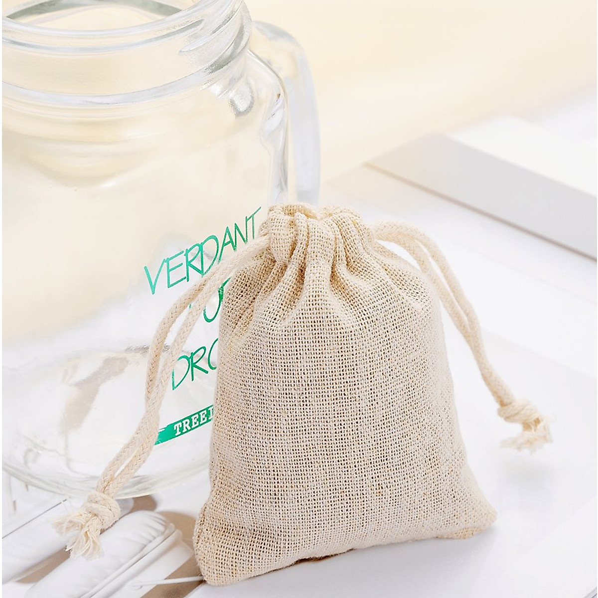 handrong 100pcs Small Cotton Double Drawstring Bags Reusable Muslin Cloth Gift Candy Favor Bag Jewelry Pouches for Wedding DIY Craft Soaps Herbs Tea Spice Bean Sachets Christmas, 3x4 inch