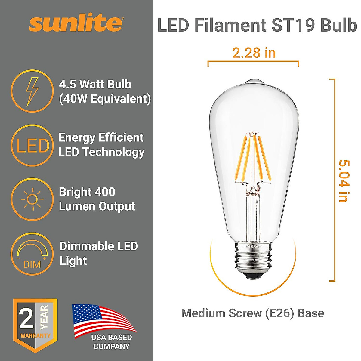 Sunlite LED ST19 Filament Style Edison Light Bulb, 4.5 Watts (40W Equivalent), 400 Lumens, Medium Base (E26), Dimmable, UL Listed, 2700K Soft White, 1 Pack