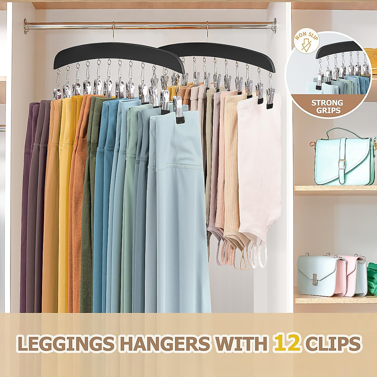 HOMEBROS Legging Organizer for Closet, HOMEBROS 2 Packs Wooden Closet Leggings Hanger Organizer with 24 Clips Space Saving Multi Clip Hanger with 360° Swivel Hook for Pants Scarfs Hats - Black