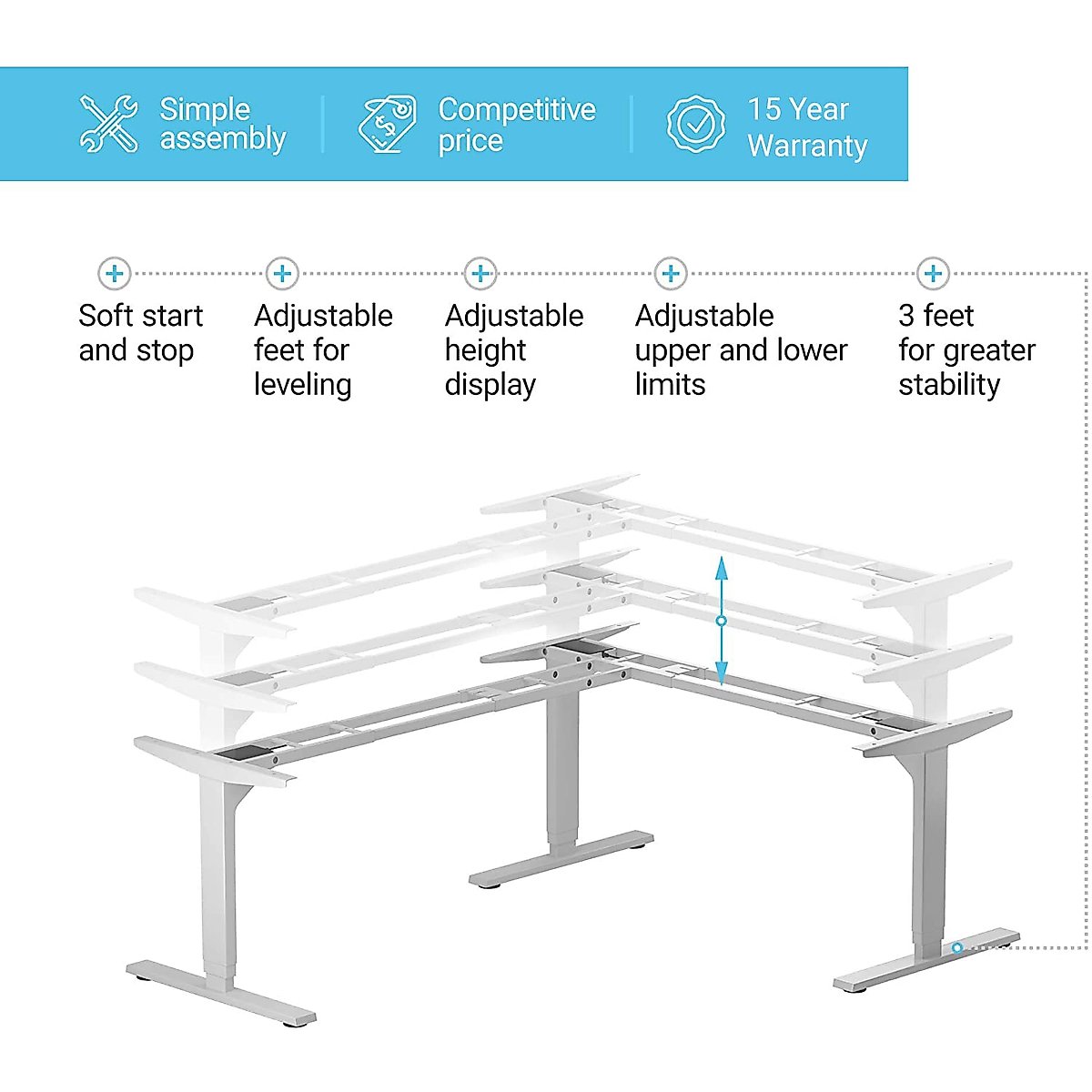 Progressive Automations Standing Desk Corner Frame. Adjustable Height and Width Legs with Triple Electric Motors for Home Office L Shaped Desk FLT-05 White