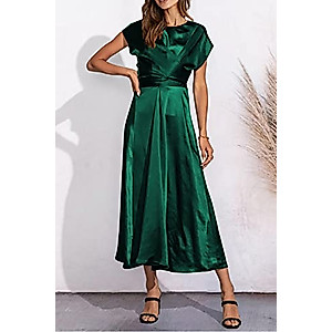 PRETTYGARDEN Women's 2023 Summer Satin Midi Dress Cap Sleeve Tie Waist Elegant A-Line Flowy Dresses (Dark Green,Large)