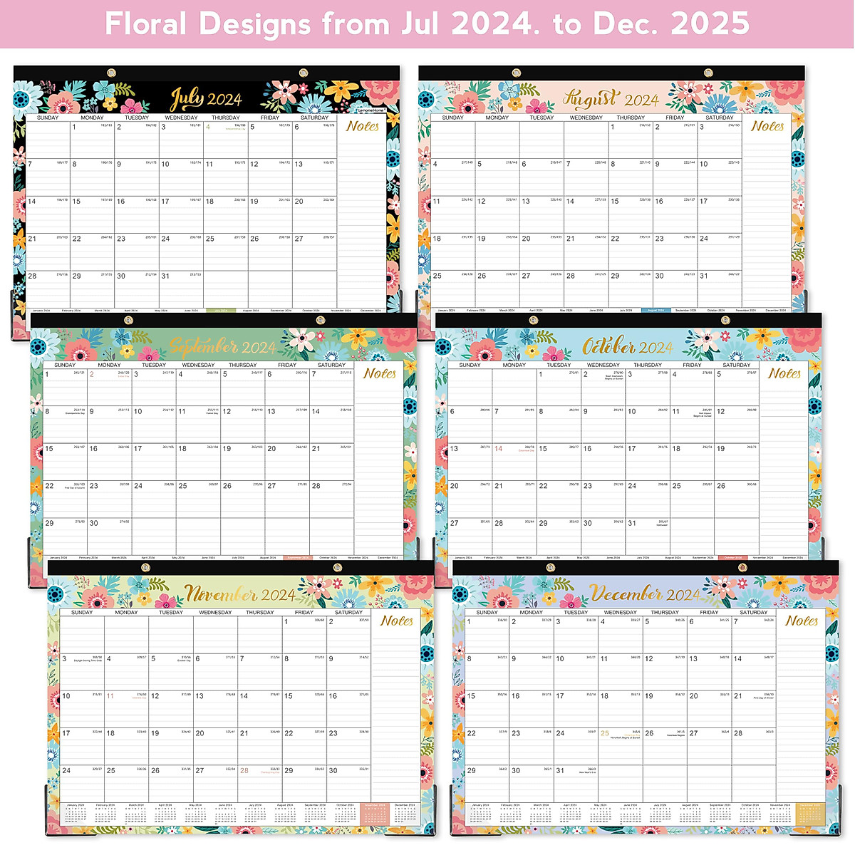 2024-2025 Desk Calendar - Desk Calendar 2024-2025, 18-Month Desk/Wall Calendar, Jul. 2024 - Dec. 2025, 16.8" x 12", Desk Calendar with Corner Protectors, Ruled Blocks - Black Floral