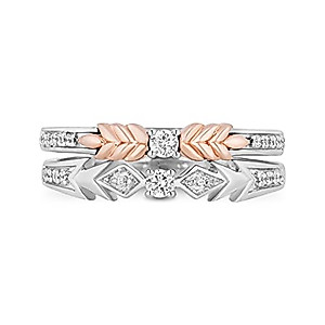 Jewelili Enchanted Disney Fine Jewelry Sterling Silver and 10K Rose Gold 1/5 Cttw Natural White Round Diamond Elsa-Anna Duo Stack Ring, Size 8