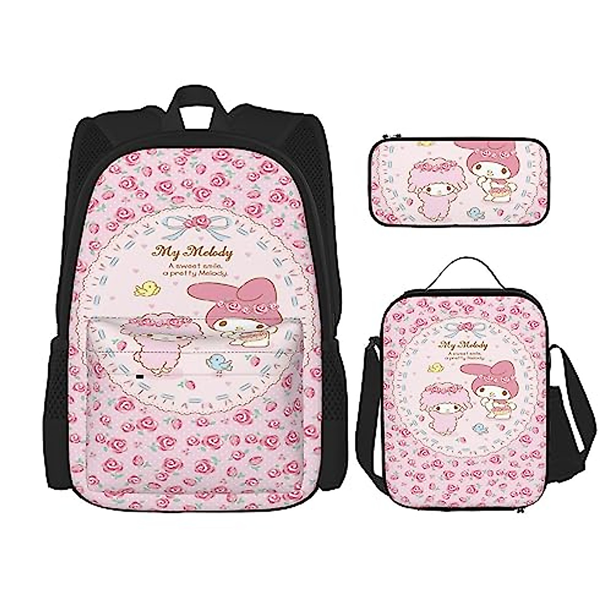 ORPJXIO Backpack 3 Piece Set Kuromi Anime My Melody Laptop Backpack Pencil Case Lunch Bag Combination For Travel Work Camping