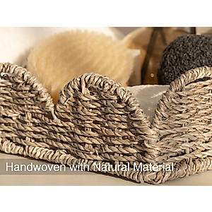 StorageWorks Scalloped Tray, Wicker Rattan Serving Tray with Handles, Woven Rectangle Seagrass Tray, Scalloped Basket Table Décor Trays, Rattan Basket Tray for Ottoman Decorative and Organizer Trays