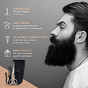 ONTAKI 5" Professional German Steel Beard & Mustache Barber Scissors - 2 Comb & Carrying Pouch - Hand Forged With Bevel Edge For men - Men’s Facial Hair Grooming Kit Body or Facial Hair (Silver)