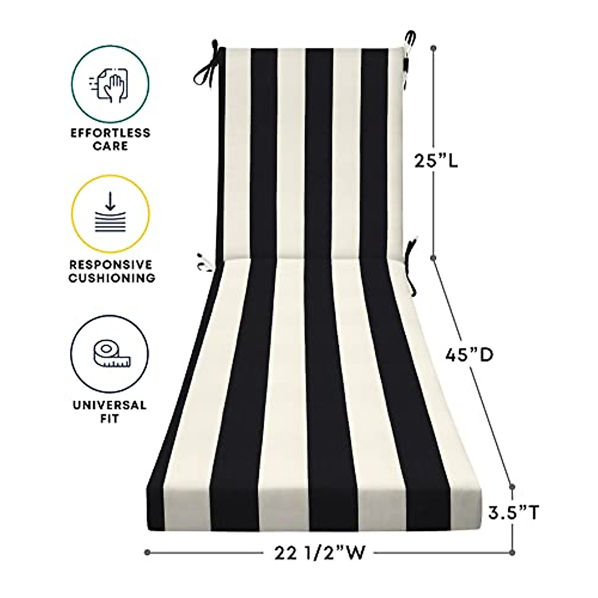 Honeycomb Outdoor Cabana Stripe Black & Ivory Chaise Lounge Cushion: Recycled Fiberfill, Weather Resistant, Reversible, Comfortable and Stylish Patio Cushion: 22.5" W x 70" L x 3.5” T