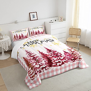 Erosebridal Merry Christmas Bedding Full Xmas Comforter Set for Kids Boys Girls Bedroom Cute Kawaii Bedding Comforter Sets Pink Grid Checkered Duvet Insert Happy New Year Holiday Quilted Comforter