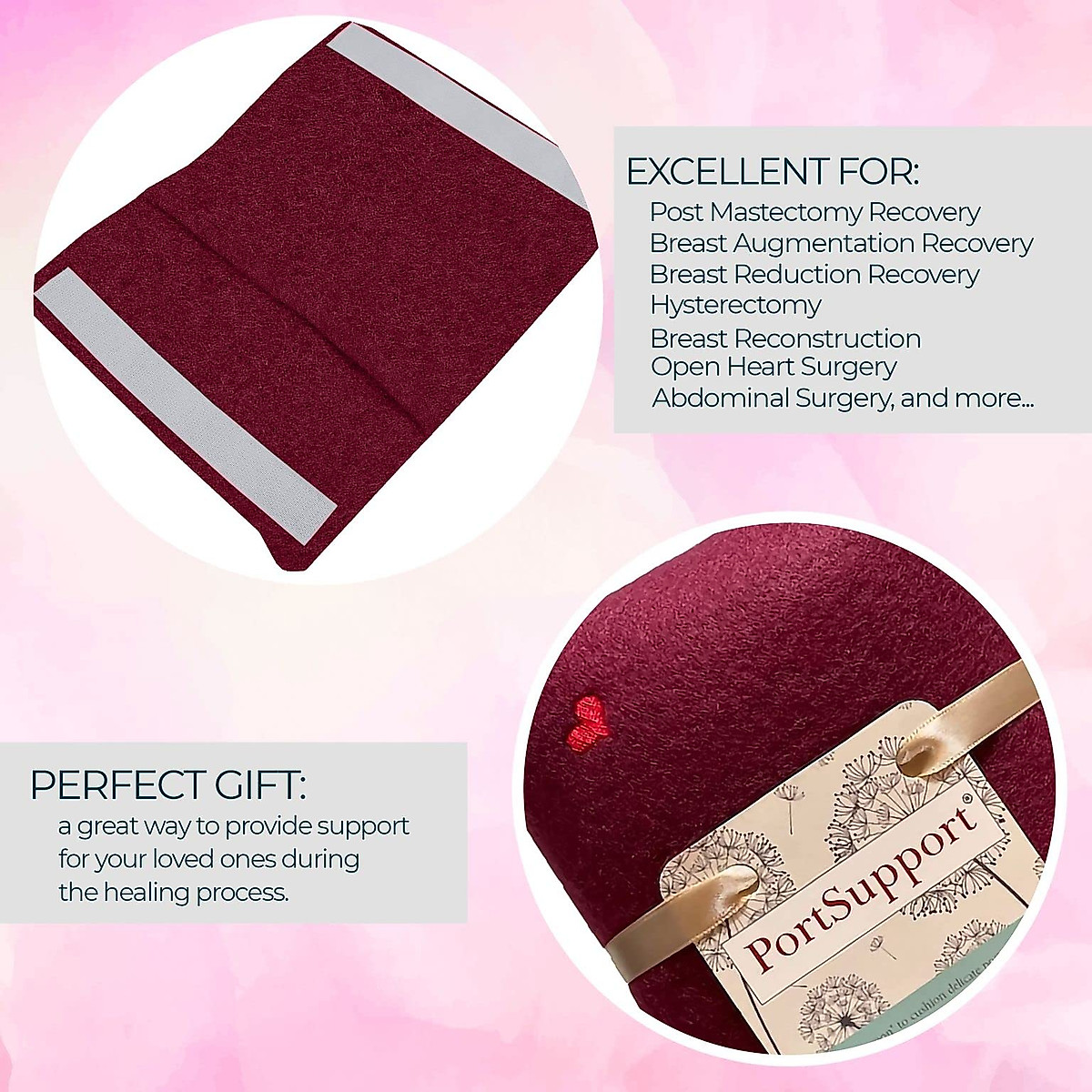 The Breast & Chest Buddy Port Support - Seatbelt Pads for Open Heart Surgery and Mastectomy Recovery - Burgundy