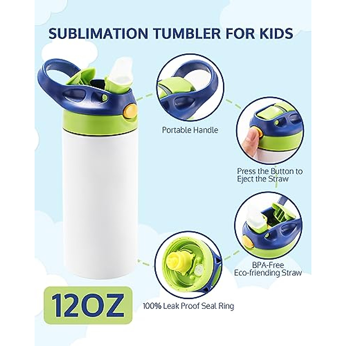 OFFNOVA 12oz Kids Sublimation Tumbler, 8 Pack Kids Sublimation Water Bottle Blank with Handle, Children Sublimation tumblers Cups for Milk, Soda, Juice, Drinks