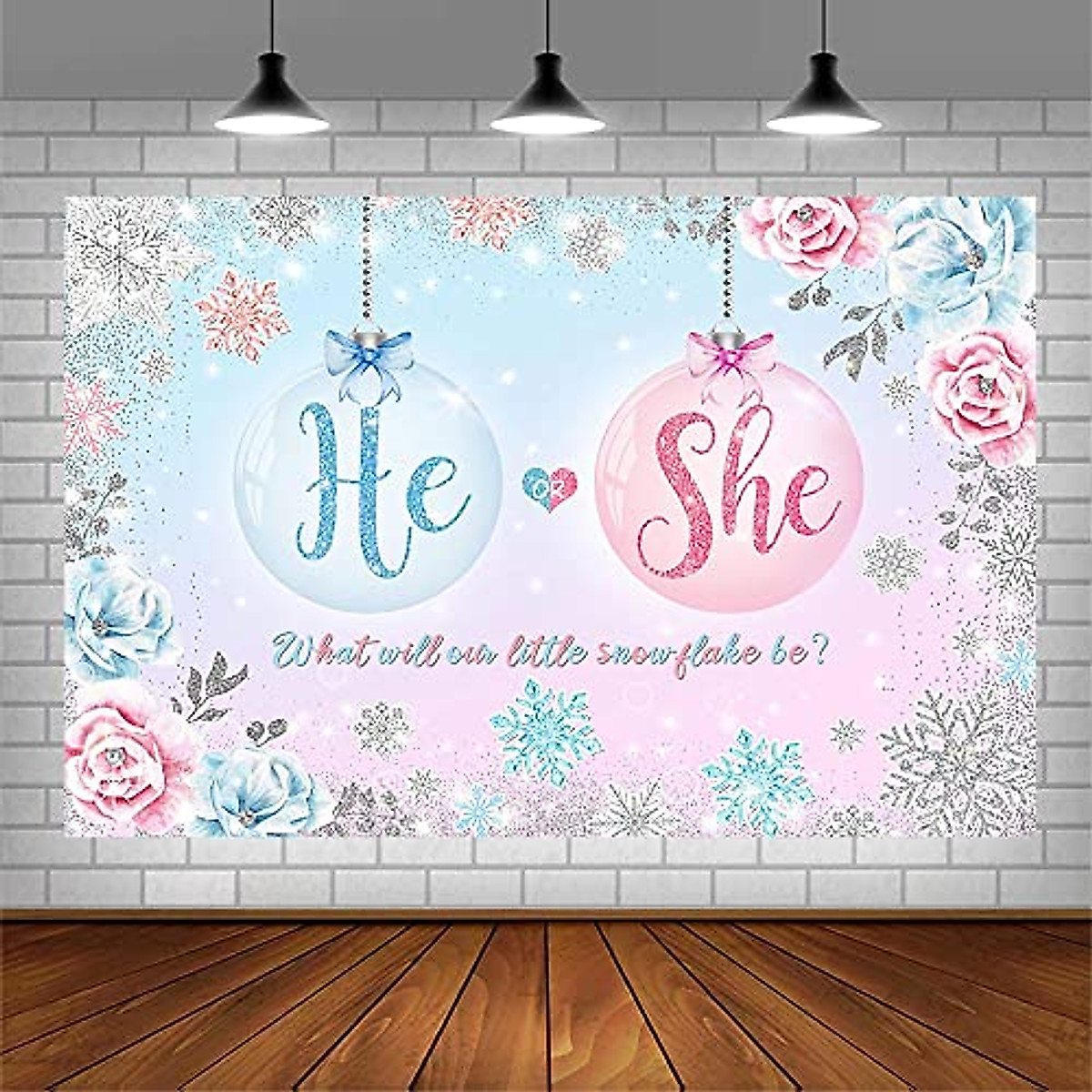AIBIIN 7x5ft Winter Snowflake Gender Reveal Backdrop Pink or Blue He or She What Will Baby Be Boy Girl Floral Photography Background Baby Shower Party Decoration Banner Supplies Photo Studio Props