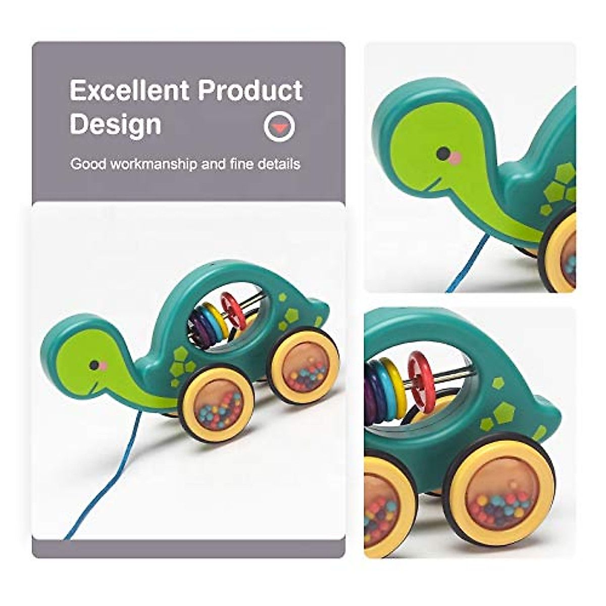 Pull Along Rolling Animal Toy [Updated Design-Without Beads in Wheels]- 18 Months and Up Pull & Pull Toys for Toddlers-Boys & Girls (Turtle)