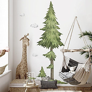 Runtoo Giant Pine Tree Wall Decal 85 Inch Large Green Watercolor Forest Woodland Wall Stickers for Living Room Bedroom Wall Decor