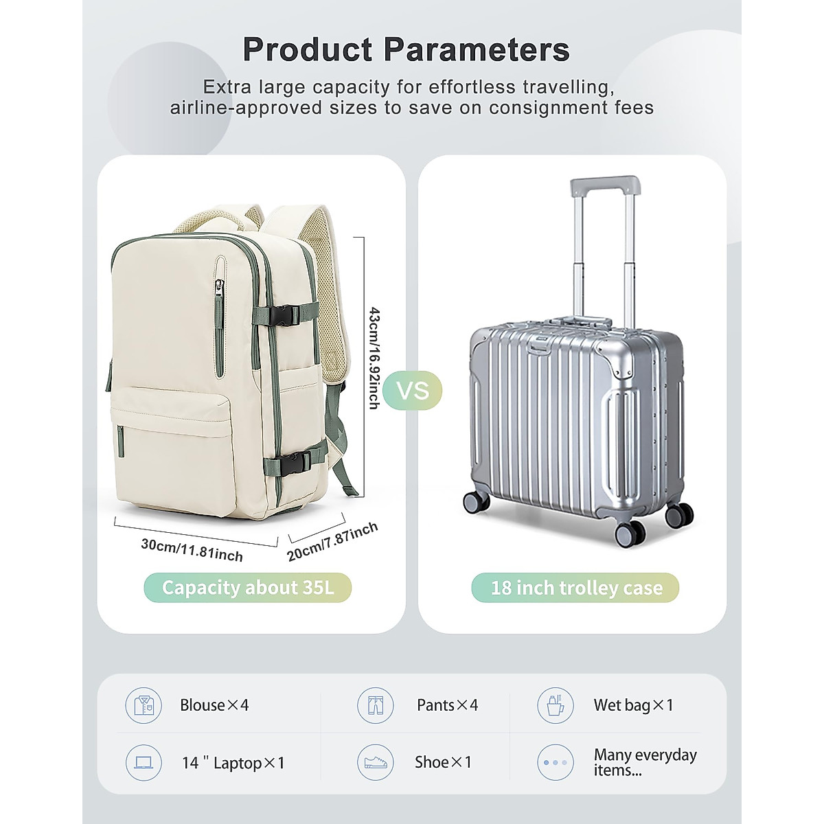 VECAVE Carry On Backpack for Women,Large Travel Backpack Flight Approved,Waterproof 17 Inch Laptop Backpack Business Work Backpacks Men Mochila De Viaje Beige