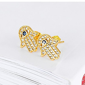 Yellow Gold/White Gold Plated Evil Eye and Hamsa Hand of Fatima White Blue Cubic zircon crystal Stud Earrings For Women Teen Girls (Yellow Gold)