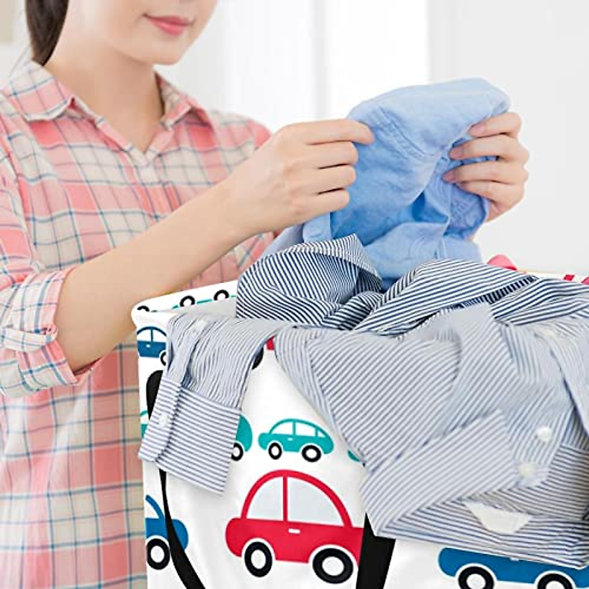 Driving Cars Print Collapsible Laundry Hamper, 60L Waterproof Laundry Baskets Washing Bin Clothes Toys Storage for Dorm Bathroom Bedroom