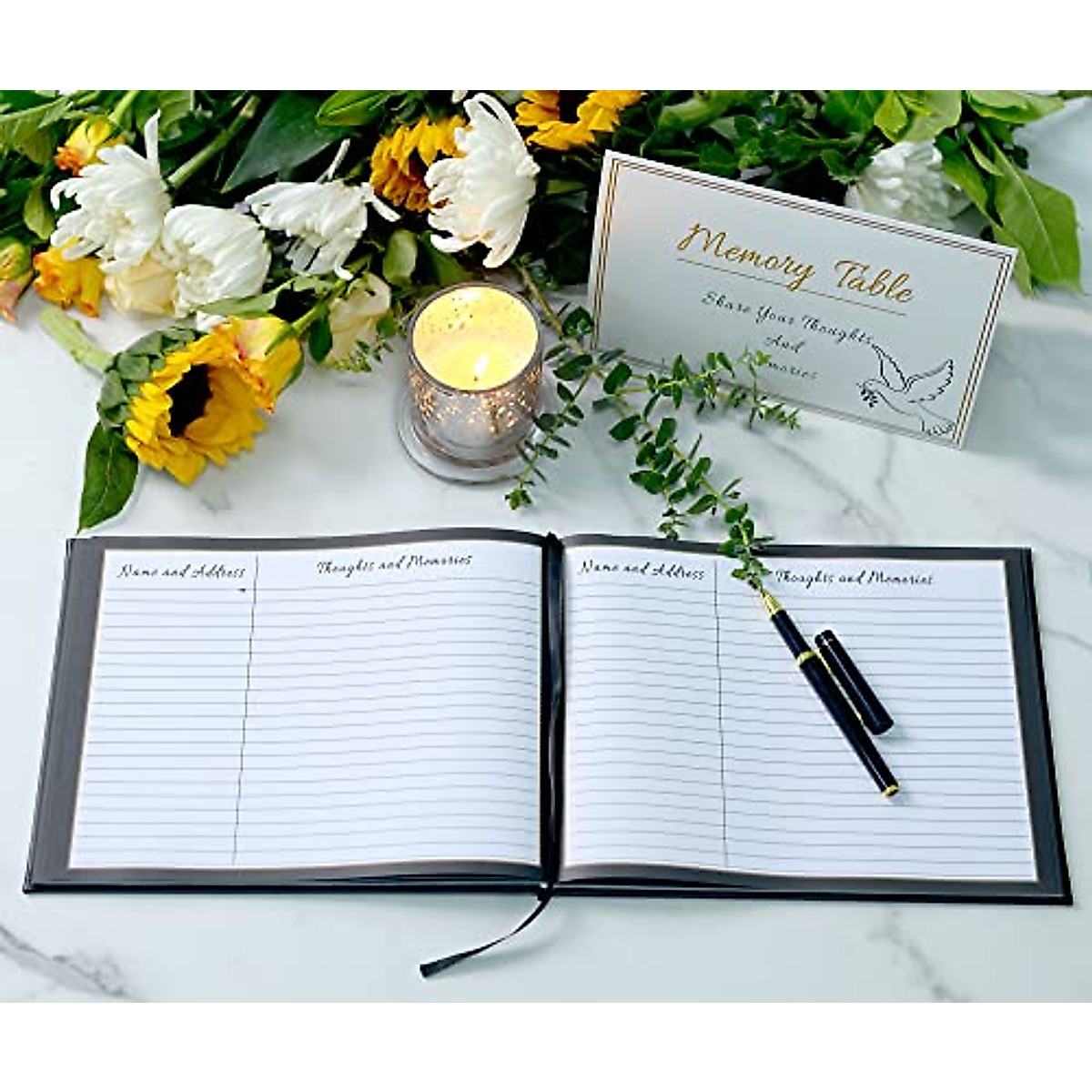 Funeral Guest Book for Memorial Service | 10.2 x 7.8" | Set of 82 Pages Book with Signing Pen, Table Card, Gold Stamped Black PU Leather Covering | Sign in Book for Funeral Guest Registry