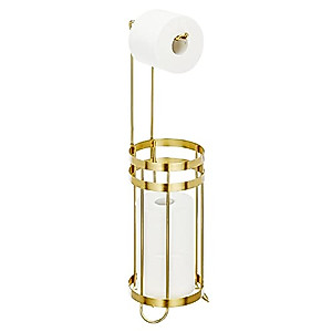 mDesign Metal Free Standing Toilet Paper Holder Stand and Dispenser, with Storage for 3 Spare Rolls - for Bathrooms/Powder Rooms - Holds Mega Rolls - Soft Brass