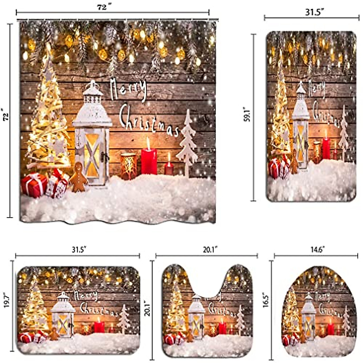 YRIGSUN 5 Pcs Wood Light Snow Christmas Tree Decor Merry Christmas Shower Curtain Sets with Rugs and Towels, Toilet Lid Cover, Bath Mat Festive Colorful Xmas Elements Bathroom Set