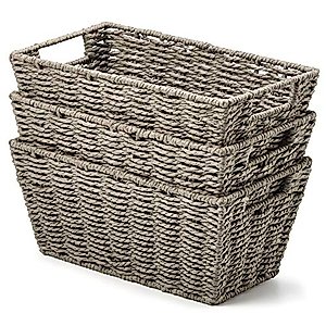 EZOWare 3 Durable Paper Rope Woven Storage Baskets, Braided Multipurpose Organizer Bins with Handle for Kids Baby Closets, Room Decor, Dog Cat Toys, Gift Baskets Empty - Gray